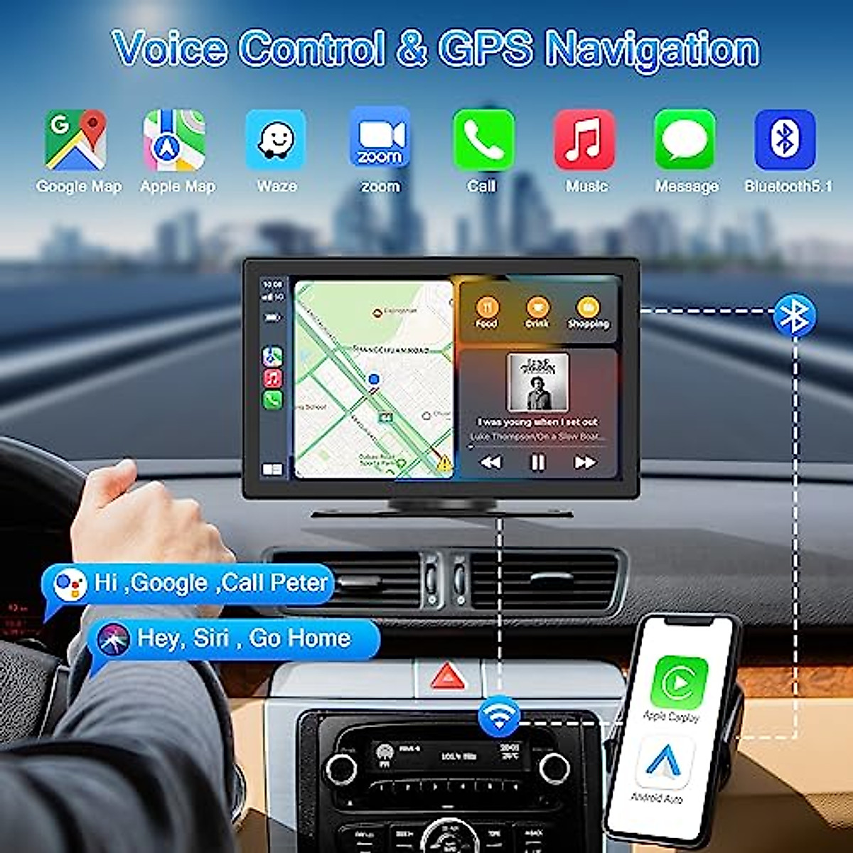 Skisea Wireless Apple Carplay Car Stereo,Portable 9'' Touch Screen Apple Carplay and Android Auto,2.5K Dash Cam,1080p Backup Camera DVR,Drive Mate Carplay Navigation with Mirror Link/Siri/FM/Bluetooth