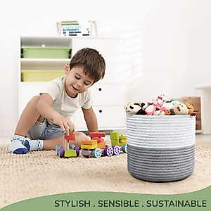 Eco Living Recycled Cotton Rope Storage Cube Basket, Plant Basket Multi-Purpose Woven Cube Storage Organizer/Shelves, Closet Storage Bins, Nursery Kids Room Organizer 11 Inch Set of 3, White & Gray