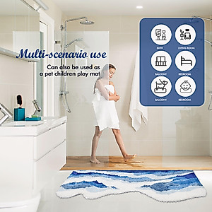 Loyeeho Wave Rug Ocean Rug Wavy Bathroom Rug Romantic Carpet Washable Blue Bath Mat 3D Microfiber Rug with Non-Slip Backing (32"x20")