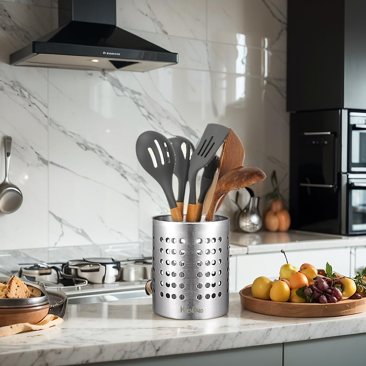 KSENDALO Kitchen Stainless Steel Utensil Holder, 18/10(304) Heavy Thick Utility Sturdy Silverware Drying Holder for Kitchen Home and Office, 7.3 Oz, Diameter 4.33"(M)