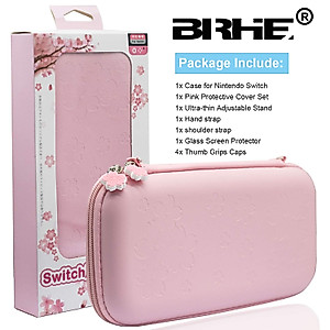 BRHE Cute Travel Carrying Case for Nintendo Switch Accessories Kit with Hard Protective Cover, Glass Screen Protector, Adjustable Stand and Thumb Grip Caps 10 in 1(Switch Pink)