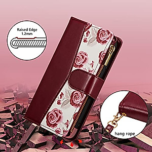 UEEBAI Wallet Case for Samsung Galaxy A13/A04s, PU Leather Magnetic Closure Handbag Zipper Pocket Case Kickstand Card Slots with Wrist Strap TPU Flip Cover for A13 5G/4G - Flower Wine Red