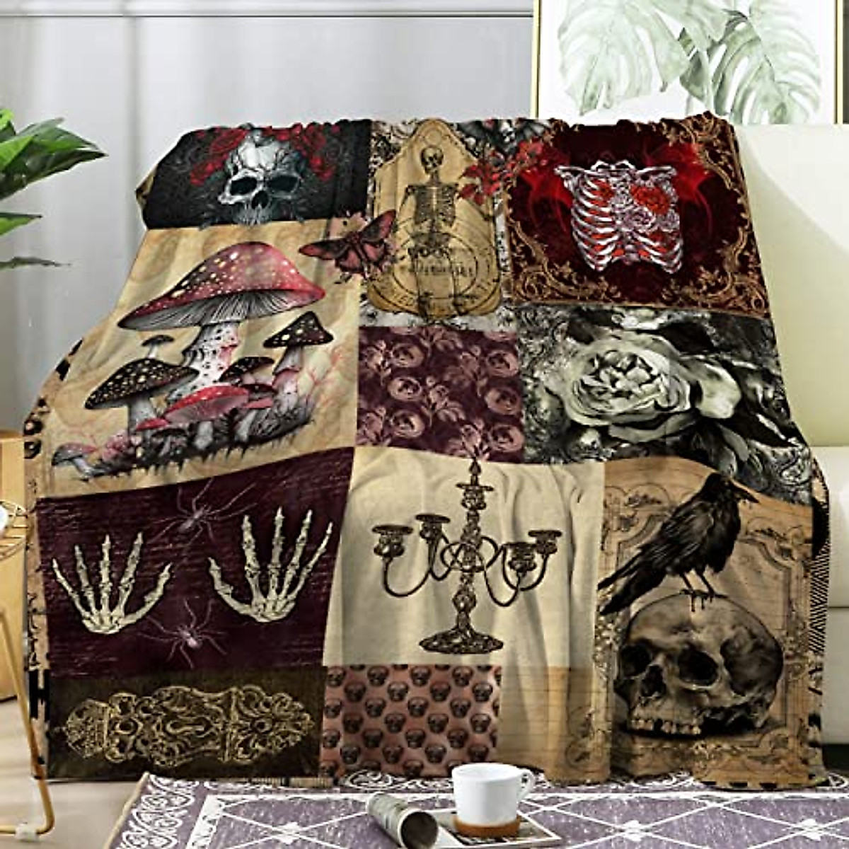 Retro Collage Gothic Blanket Gifts for Girls Boys, Anxiety Rose Skull Butterfly Skeleton Throw Blanket for Adults,Soft Lightweight Flannel Fleece Mushroom Blankets Bedding for Sofa Bed 80x60In