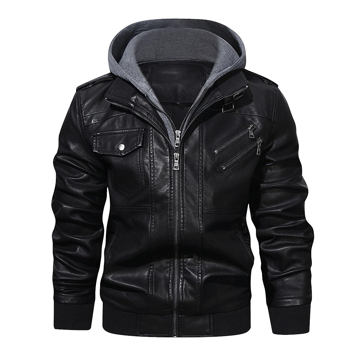 HOOD CREW Men’s Casual Stand Collar PU Faux Leather Zip-Up Motorcycle Bomber Jacket With a Removable Hood