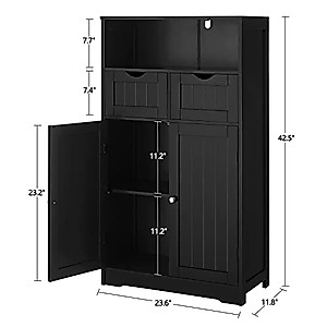 Iwell Large Bathroom Cabinet, Bathroom Storage Cabinet with 2 Drawers & 2 Shelves, Bathroom Floor Cabinet with 2 Doors for Living Room, Bedroom, Kitchen, Black