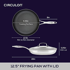 Circulon C1 Series Clad Stainless Steel with ScratchDefense Technology Cookware Nonstick Induction Frying Pan/Skillet with Lid, Metal Utensil Safe, 12.5 Inch Fry Pan - Polished Stainless Steel