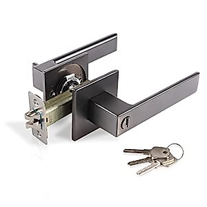 TooCust Square Front Door Handle with Lock, Heavy Duty Door Lock with Key, Grey Door Levers, Front Door Lock for Exterior/Interior, Left/Right Hand Reversible, 1 Pack