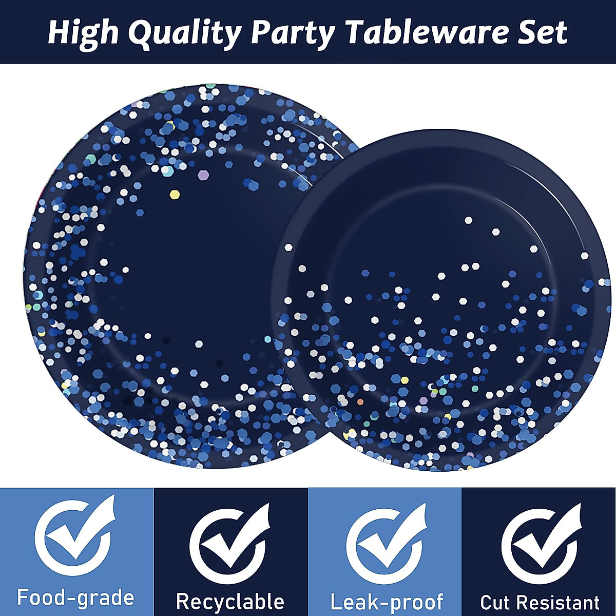 96 Pcs Blue and Silver Party Supplies Dot Confetti Paper Plates Sparkly Glitter Theme Party Decoration Confetti Party Tableware Set Bridal Shower Birthday Party Paper Plate Napkin Fork 24 Guests