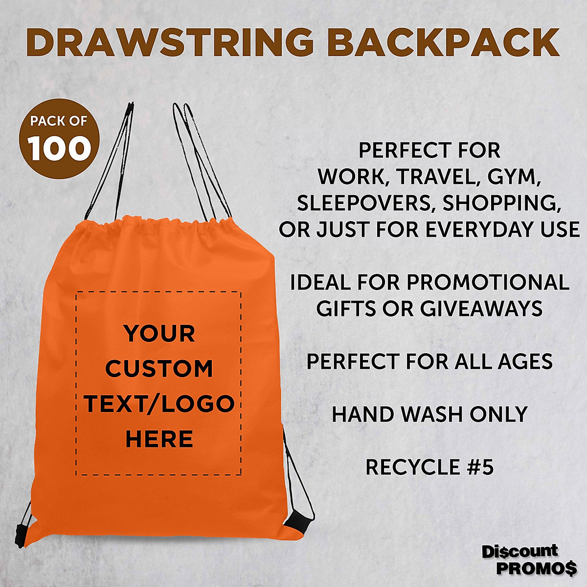 DISCOUNT PROMOS Custom Non-Woven Drawstring Backpacks Set of 100, Personalized Bulk Pack - Bring Everywhere You Go, Great for Travelling, Gym and for Everyday Use - Orange