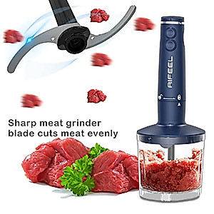 Aifeel Immersion Hand Blender.300W Handheld Stick Blender Set with 500ML Food Processor, Ice Crusher.600ML Measuring Cup, SUS blending attachment and Wire Whisk - Blue