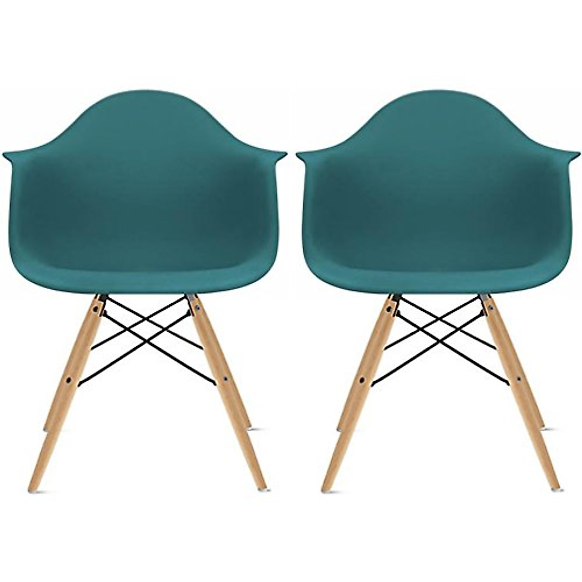 2xhome Modern Dining Side Chairs from Molded Plastic Armchair Shell with Natural Wooden Legs, Teal, Set of 2