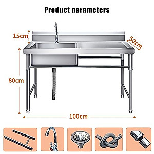 ZXLBTNB Freestanding Single Bowl Sink Kitchen Sink 201 Stainless Steel Commercial Sink with Faucet for Restaurant Kitchen Laundry Room Garage Indoor Outdoor 100 * 50 * 80cm leftslot