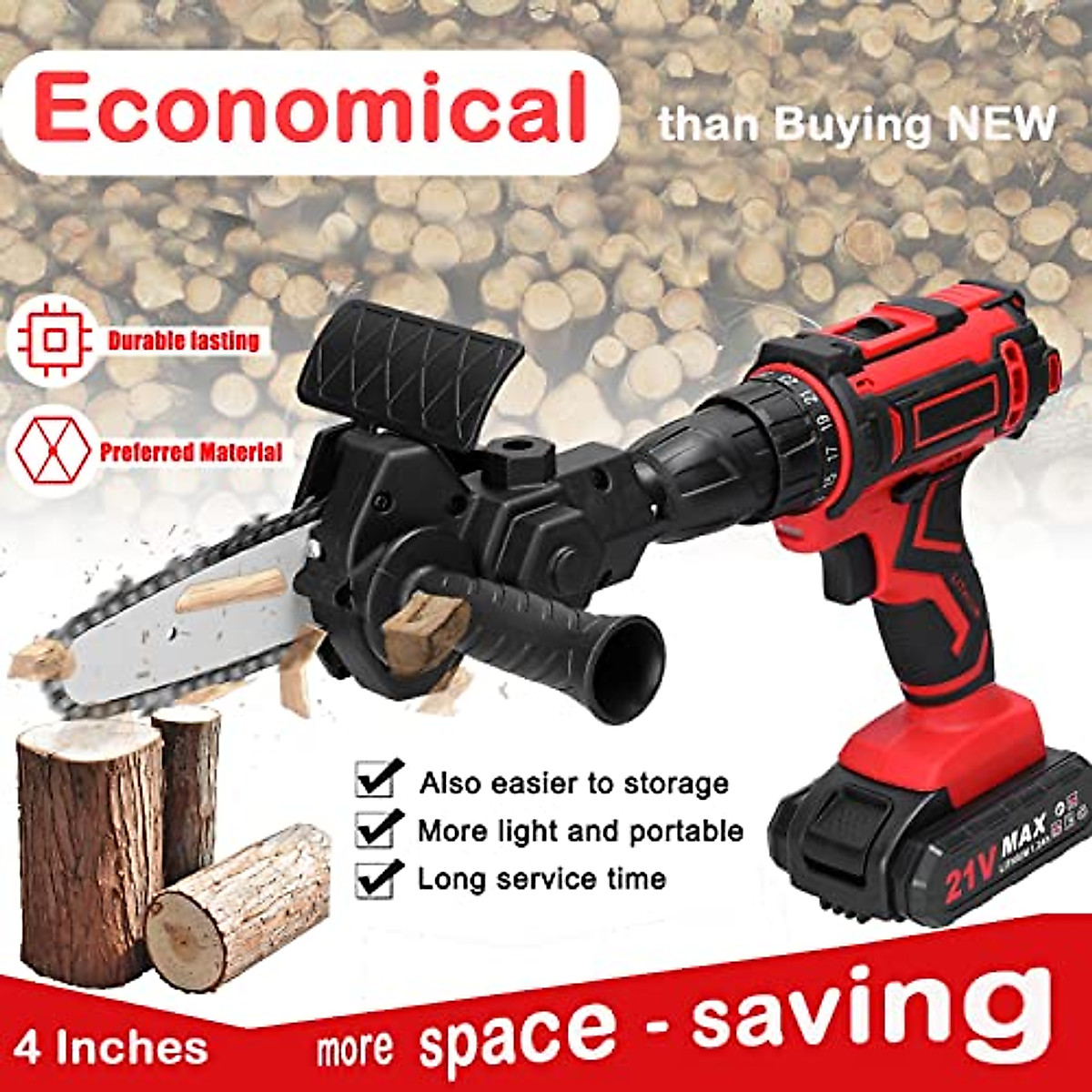 Weytoll 4 Inch Electric Drill Modified To Electric Chainsaw Drill Attachment, Drill Chainsaw Attachment Practical Modification Tool Set Woodworking Chainsaw for Drill