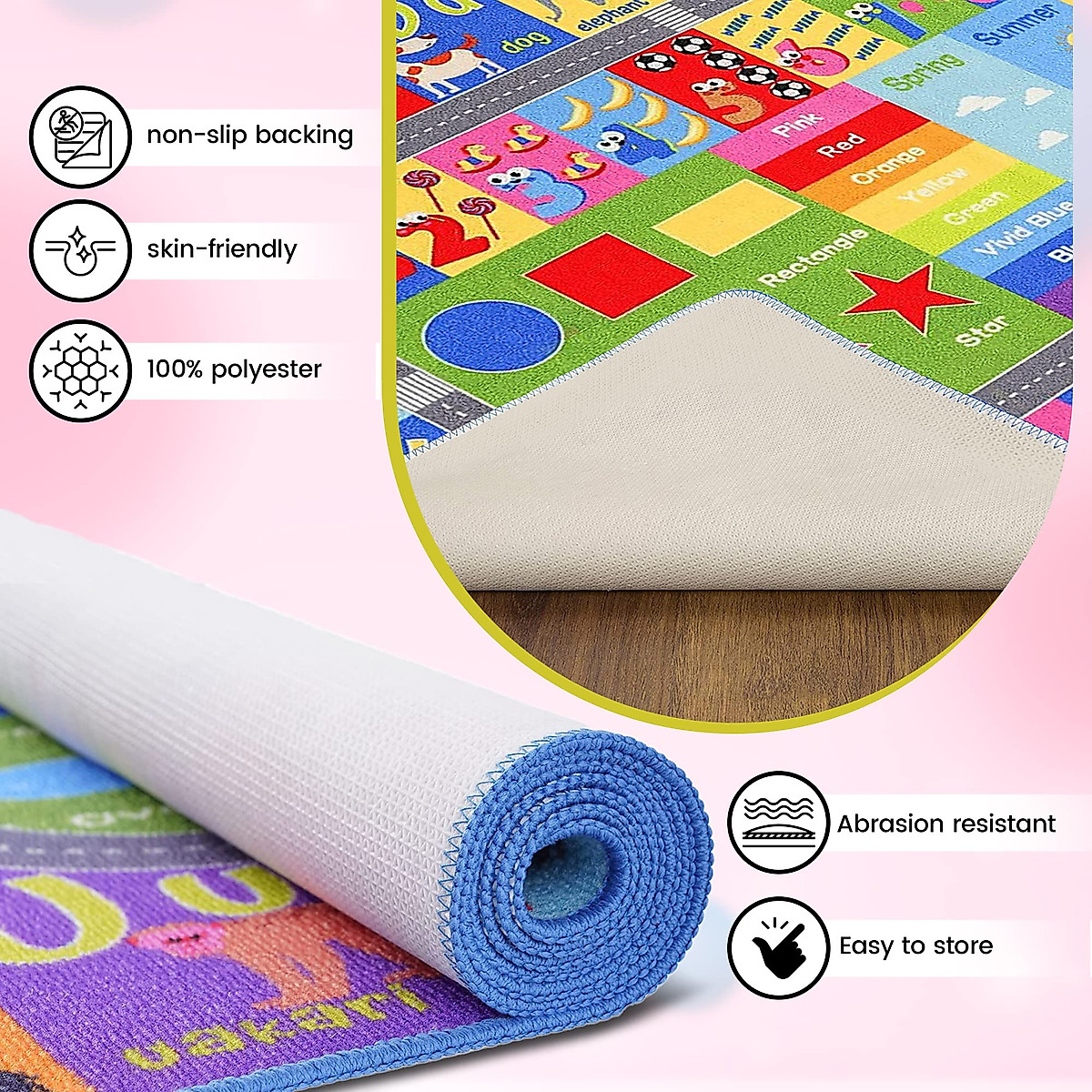 Toastmark Non-Slip ABC Rug for Fun Learning - 5X3 Feet - Polyester - Kids Rugs for Playroom with Alphabet, Numbers, Animal Seasons and Shapes - Multi-Color