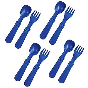 Re-Play Made in USA Toddler Forks and Spoons, Pack of 8 Without Carrying Case - 4 Kids Forks with Rounded Tips and 4 Deep Scoop Toddler Spoons - 0.2" Thick Toddler Utensils, Navy Blue