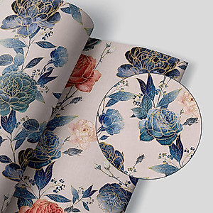Self Adhesive Blue Floral Drawer Liner Contact Paper Peel and Stick Rose Floral Wallpaper for Girls Shelves Cabinets Dresser Table Furniture Walls Decal 17.7X117 Inches