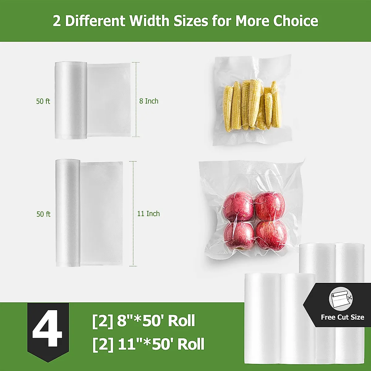 Gasbye Vacuum Sealer Bags, [ 200ft Mega-Pack ] with 8"x50' (2 Rolls) & 11"x50' (2 Rolls) for Custom Fit Airtight Food Sealer & Sous Vide, BPA Free, 7-Layer Ultra-Thick Anti-Puncture Design, 4 Pack