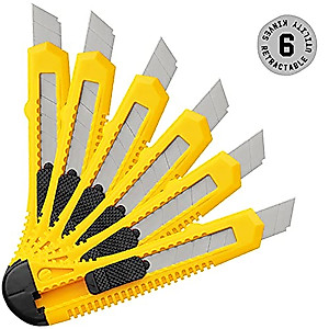 Katzco Retractable Utility Knife Set - 5 Pack - 6 Inch - Heavy Duty Carbon Steel - for Cardboard, Rope, Carpet, Linoleum, Plastic, Leather, Wallpaper, and More