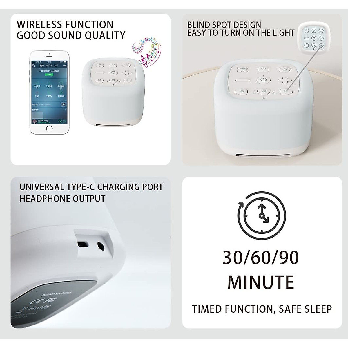 White Noise Sound Machine with Bluetooth Speaker, Night Light 40 Soothing Sounds 9 Color Lights Rechargeable Portable for Baby Kids Adults