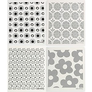 Trendy Tripper Swedish Dishcloths/Sponge Cloths - Packs of 4 Different Designs in Grey (4-Pk Grey: Garden, Berries, BLOMMORS, Country Life Flow)