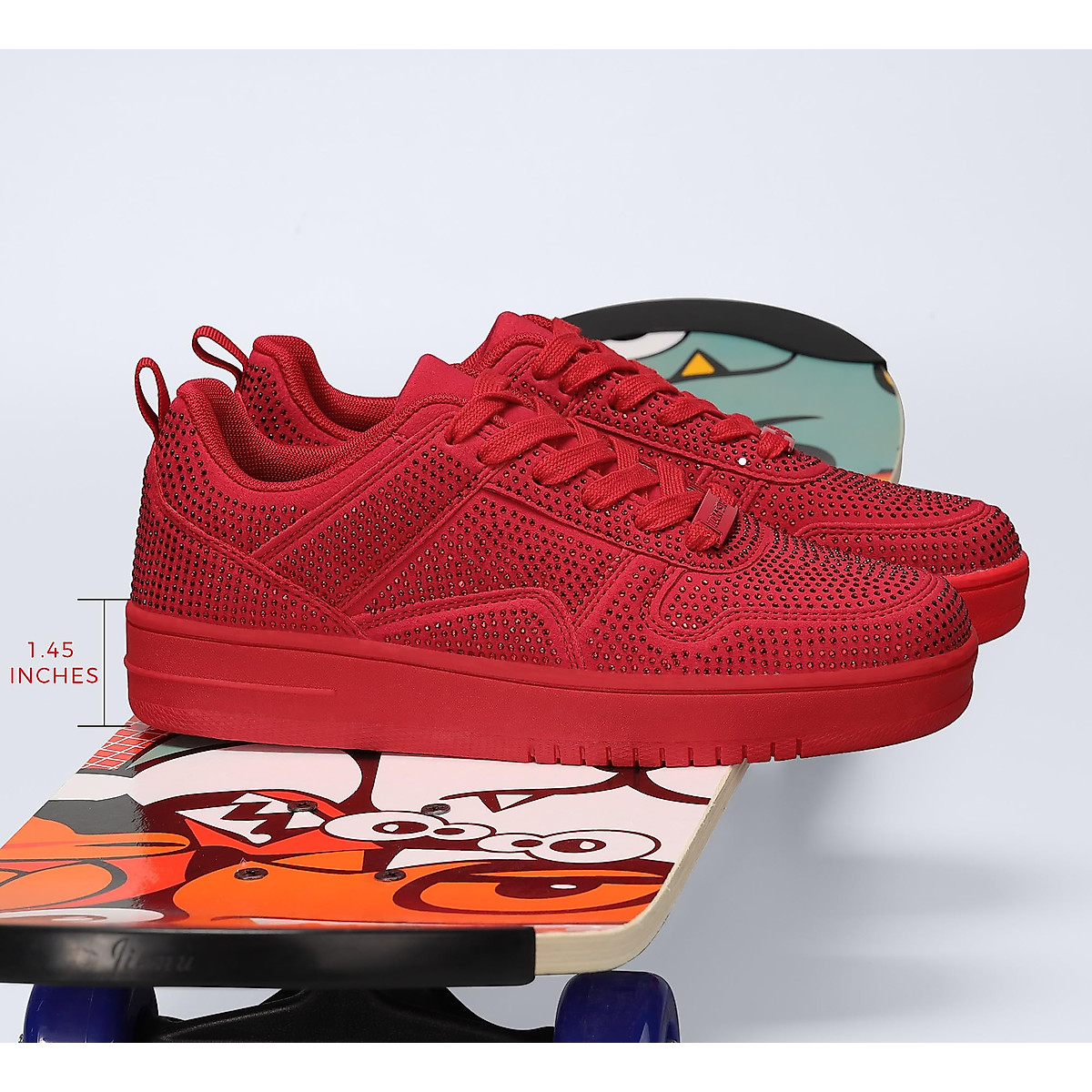 LUCKY STEP Women Fashion Sparkle Rhinestone Sneakers White Leather Low Top Tennis Shoes Lace Up Casual Comfortable Walking Shoe(Red Rhinestone,10B(M) US)