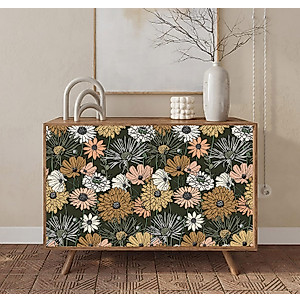 Akywall Vintage Green Floral Wallpaper Peel and Stick Textured Boho Flower Contact Paper Retro Self Adhesive Removable Vinyl Roll Daisy Leaf Mural Forest Green/Brown/White 17.3 x 78.7in