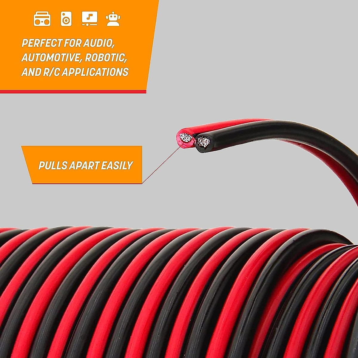 GS Power Flexible 10 AWG (American Wire Gauge) 50 Feet Stranded Oxygen Free Copper Red/Black Bonded Zip Cord Cable for Car Audio Stereo Amplifier 12Volt Automotive Harness LED Light Wiring
