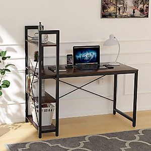 VADIM Computer Desk with Shelves, Modern Office Desk with 4-Tier Shelf, Durable Working Desk for Home, Bedroom, Office, Sturdy Writing Table with Storage Bookshelf, 47 Inches, Walnut