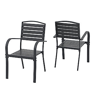 SUNSITT Patio Dining Chairs Set of 2, Aluminum Outdoor Dining Chairs with Faux Wood Slats, All-Weather Stackable Patio Chairs w/Armrests for Lawn, Porch, Garden and Deck, Black