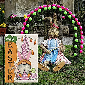 CROWNED BEAUTY Happy Easter Garden Flag Pink Gnome 12×18 Inch Double Sided Carrots Eggs Outside Vertical Holiday Yard Decor