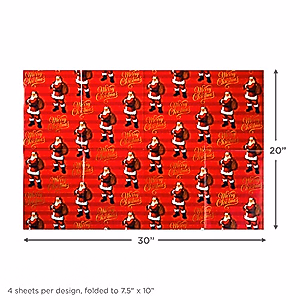 Hallmark Flat Christmas Wrapping Paper Sheets with Cutlines on Reverse and Gift Tag Seals (12 Folded Sheets, 16 Gift Tag Stickers) Red, White and Gold Stripes, Santa Claus, Snowflakes on Plaid