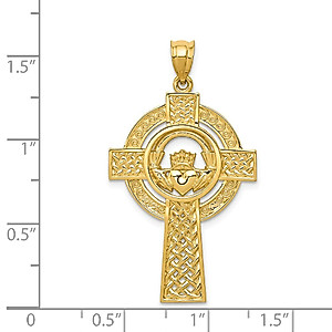 Solid 14k Yellow Gold Celtic Irish Claddagh Cross Pendant Charm - 40mm x 22mm
