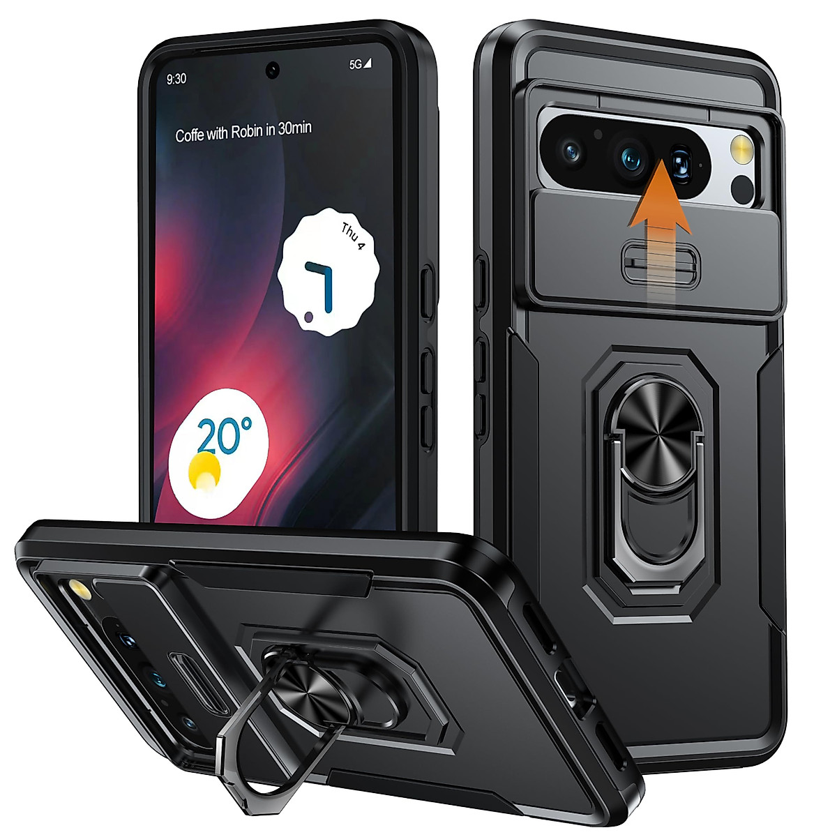 Bestcellcase for Google Pixel 8 Pro Case, [Built-in Rotatable Kickstand Ring & Slide Camera Protector] Heavy Duty Protection Shockproof Dual Layer Phone Case for Pixel 8 Pro 2023 - Black