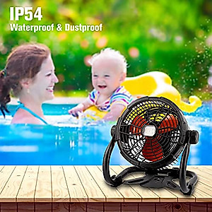 RUNTOP Rechargeable Fan Outdoor Floor Fan, Portable High Velocity Fan with Led Light, USB Type C Port, 3 Speeds, Cordless Industrial Fan with Metal Blade for Garage/Patios/Gym/Camping