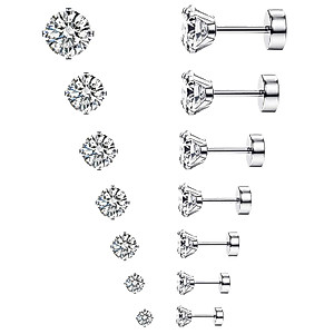 MJust 7 Pairs 20G Stainless Steel Stud Earrings Tiny Stud Earrings Barbell Earring Flatback Cartilage Earrings Set For Women Men 2MM-8MM (Silver)