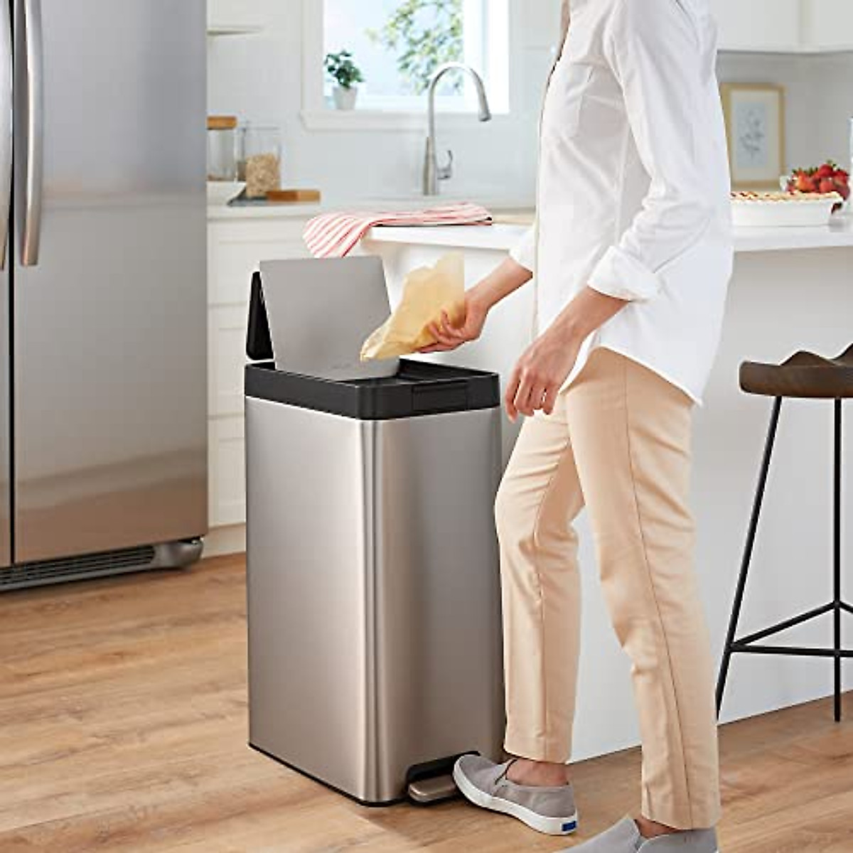 KOHLER 23826-ST 13 Gallon Elongated Hands-Free Step Can, Trash Can with Soft-Close and Foot Pedal, Quiet Close Lid, Stainless Steel
