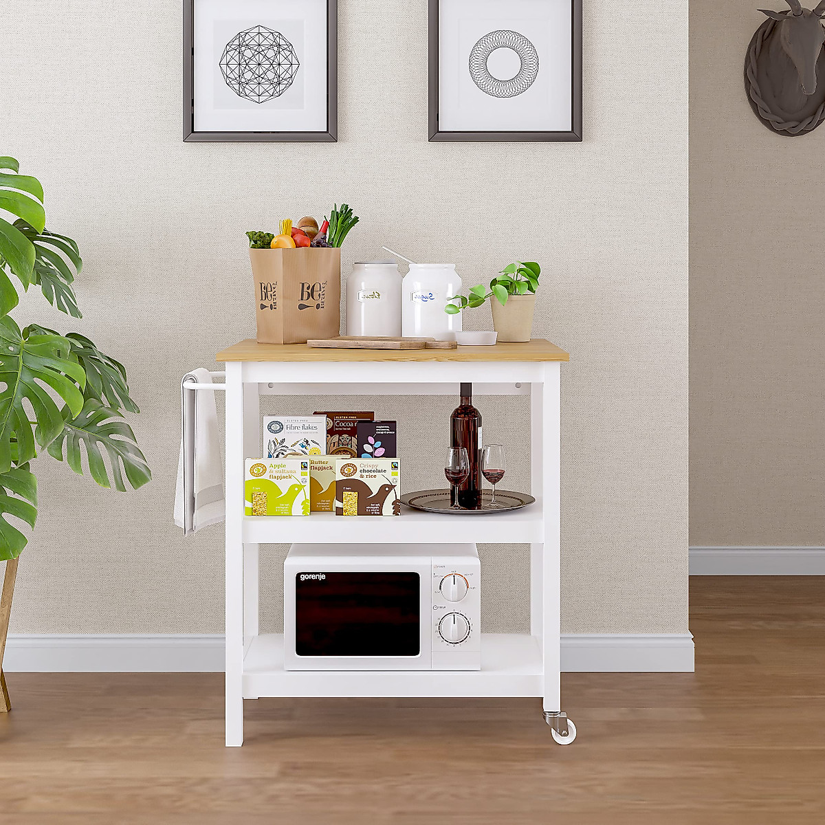 Spirich Home Kitchen Island Cart on Wheels, 3-Tier Rolling Utility Cart with Storage, Small Kitchen Island with Drop Leaf and Towel Rack for Dining Room, White