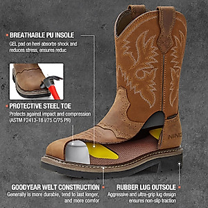 HISEA NINGO Men's Western Cowboy Boots Square Toe Steel/Soft Toe Work Boots Men's Safety Toe Leather Work Boots