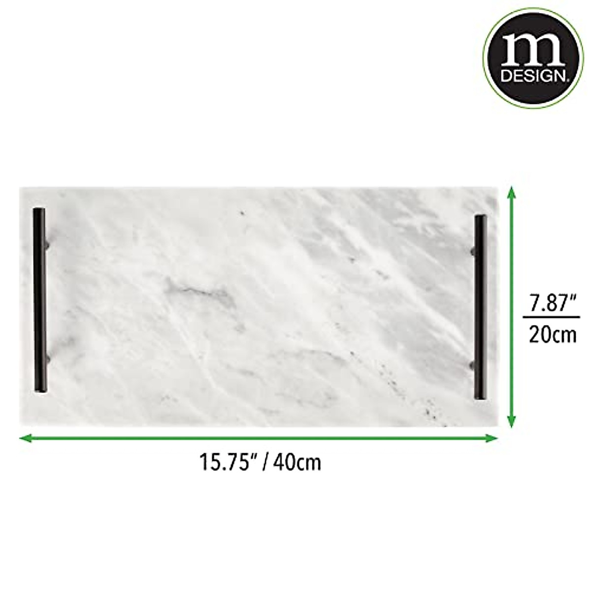 mDesign Thin Marble Pastry Board, Cutting Slab Kitchen Serving Tray with Deco Handles for Baking, Chopping, and Rolling - Serve Bread, Candy, Chocolate, Cheese, and Appetizers - Marble/Black