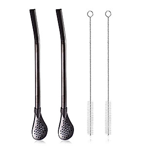 2Pcs Removable Stainless Steel Straw Filter Spoon with 2 Cleaning Brush, Yerba Mate Bombilla Straw, Reusable Metal Straw Spoon Cocktail Stirrer for Drinking Loose Tea, Ice Coffee, Black