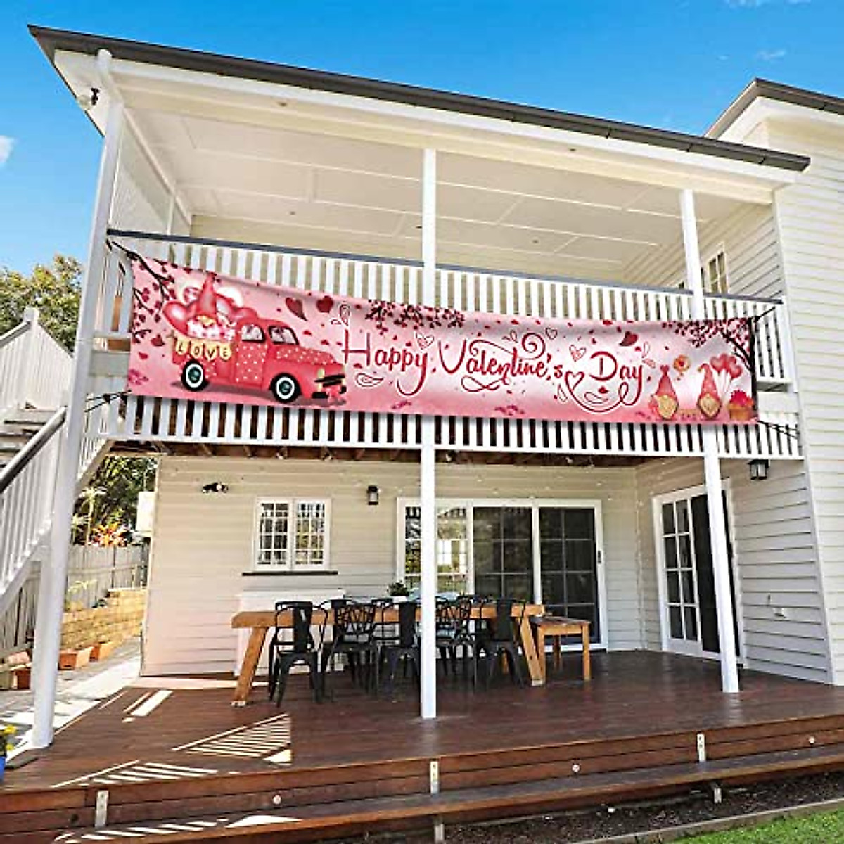 Large Happy Valentines Day Banner Outdoor Decorations 120" x 20" Valentine's Yard Sign Pink Flowers Hearts Love Truck Cute Gnomes Trees Balloons Holiday Party Supplies Valentine Backdrop Home Decor with Brass Grommets for Garden House Fence Garage Indoor