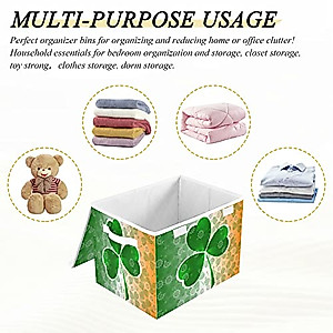 Kigai Saint Patrick Clover Green Shamrock Storage Basket with Lid Collapsible Storage Bin Fabric Box Closet Organizer for Home Bedroom Office 1 Pack