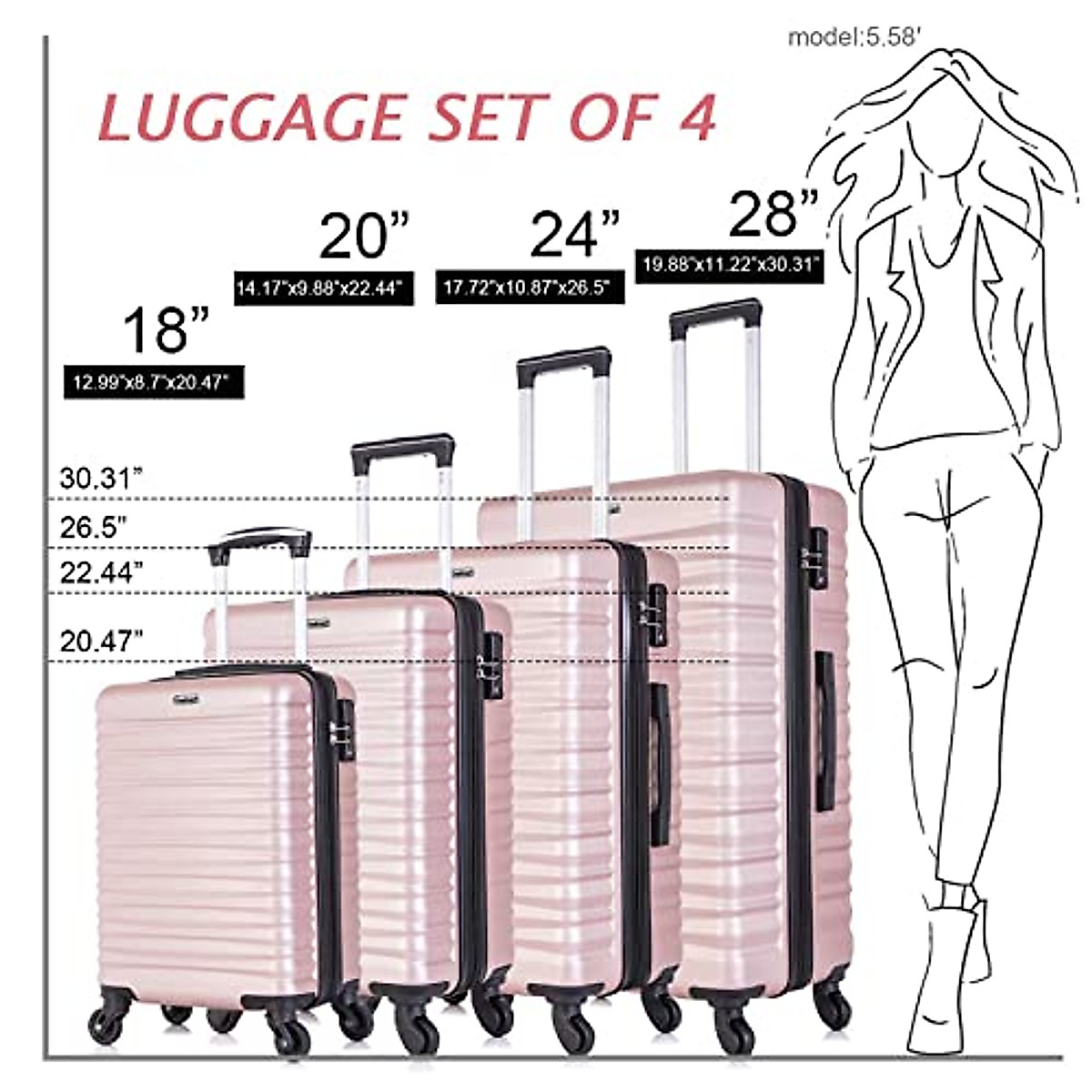 Apelila 4 Piece Luggage Sets,Expandable Travel Suitcase TSA Spinner Hardshell Lightweight w/Free Suitcase Cover& Hanger (Rose Gold With TSA Lock And Zipper Expansion)