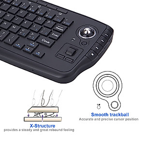 Fonicer Multimedia 2.4Ghz Wireless Mini Keyboard with Trackball Mouse Scroll Wheel for PCMacAndroid Tv Box, Remote Controller,X Structure, Black