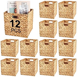 Jinei 12 Pcs Wicker Storage Basket Bulk Handwoven Water Hyacinth Storage Baskets Cube Storage Bin with Handles Woven Baskets Laundry Bins for Organizer Shelves(Wood Color, 10 x 10 x 10 Inch)