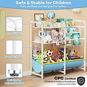 Kids Bookshelf and Toy Storage - 3 Tier Montessori Bookshelf with Fabric Toy Box, Nursery Book Shelves for Children, Baby Toddler Toy Organizer Book Shelf for Kids Rooms, Living Room, Bedroom