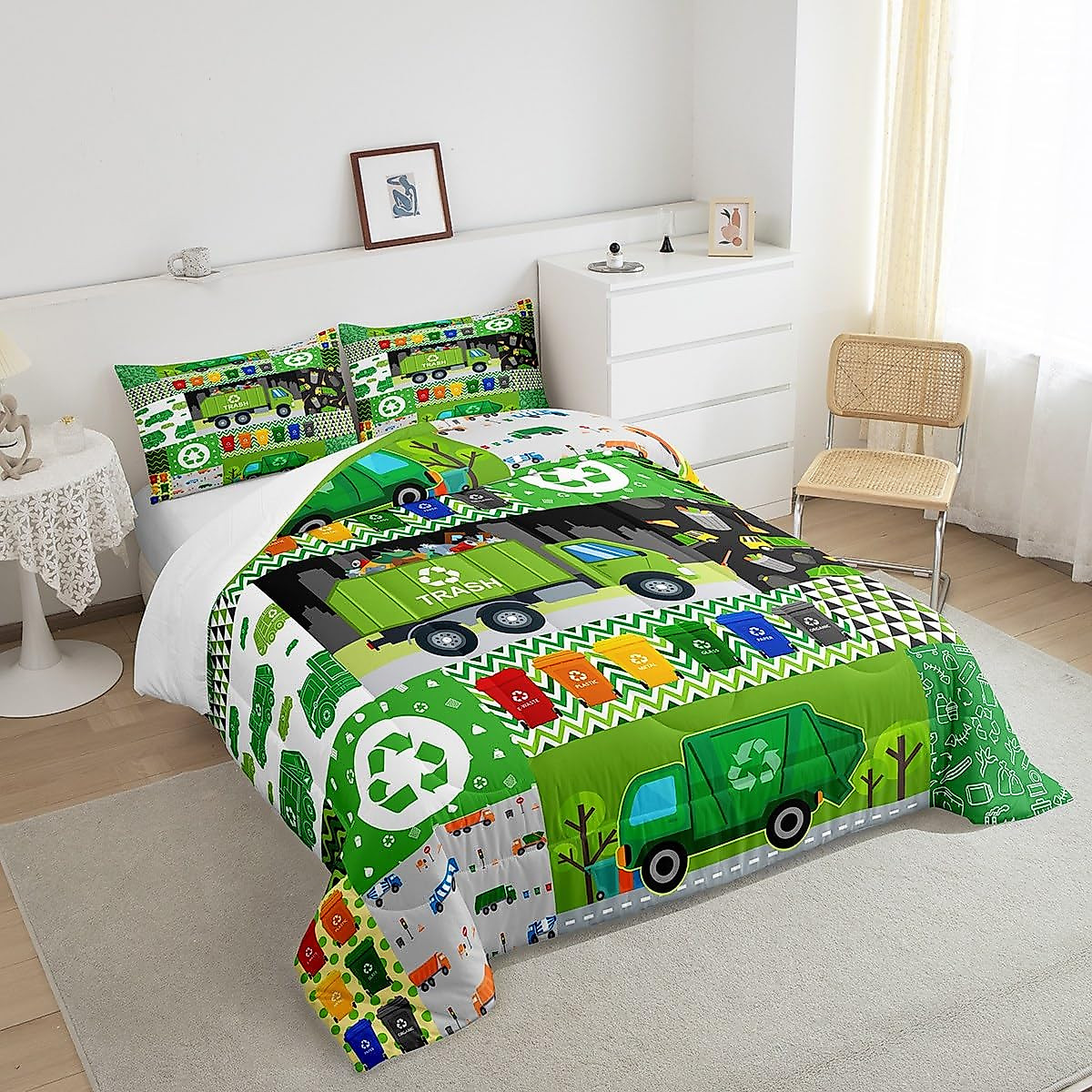 Cartoon Garbage Truck Bedding Comforter Sets Twin,Colorful Trash Can Cute Green Cars Trees Bedding Set for Bedroom,Watercolor Abstract Stripes Geometric Art with 1 Comforter and 1 Pillowcase
