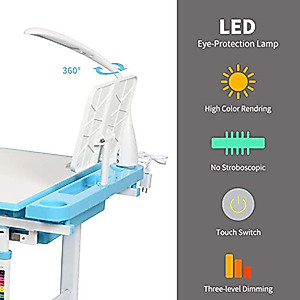Diroan Kids Functional Desk and Chair Set, Height Adjustable Children School Study Desk with Tilt Desktop, Book Stand, LED Light, Metal Hook and Storage Drawer for Boys Girls Blue