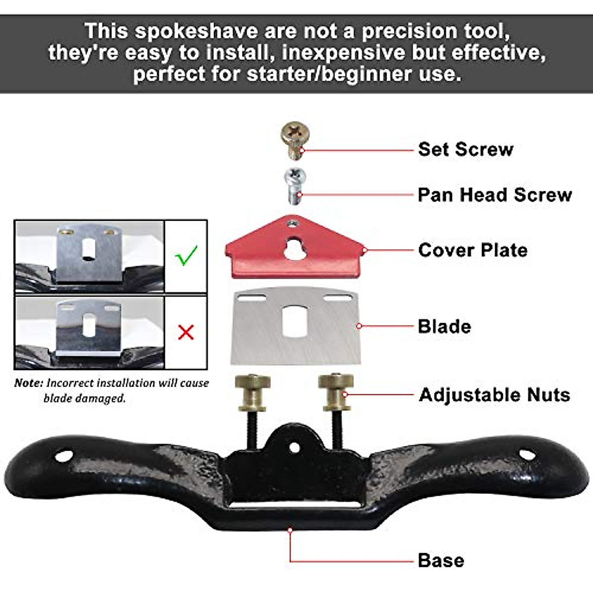 KOOTANS 2pcs 9" 10" Adjustable Spokeshave, with Replacement Blades and 4-Way Rasp File, Manual Planer with Flat Base, Perfect for Planing Trimming, Wood Working Deburring Tools