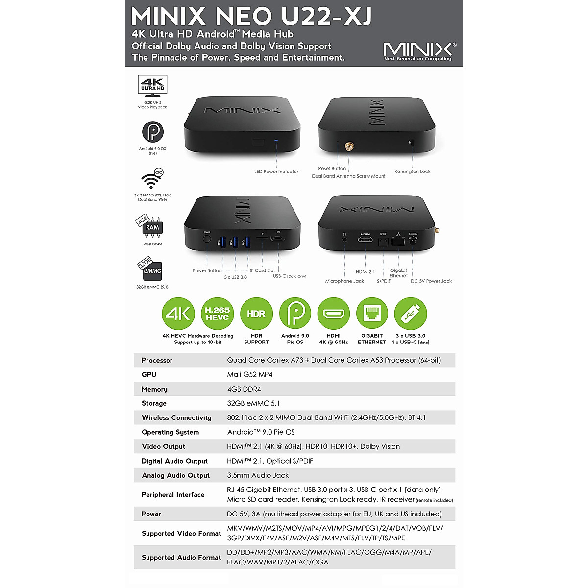 MINIX Android 9.0 Pie Media Hub 4K Ultra HD HDR10+4GB DDR4/32GB eMMC 4K @ 60Hz UHD 3 x USB 3.0 USB-C [Data only] GLAN AC Wi-Fi TF Card (NEO U22-XJ)